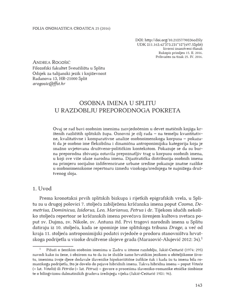 OSOBNA IMENA U SPLITU U RAZDOBLJU PREPORODNOGA POKRETA | PDF