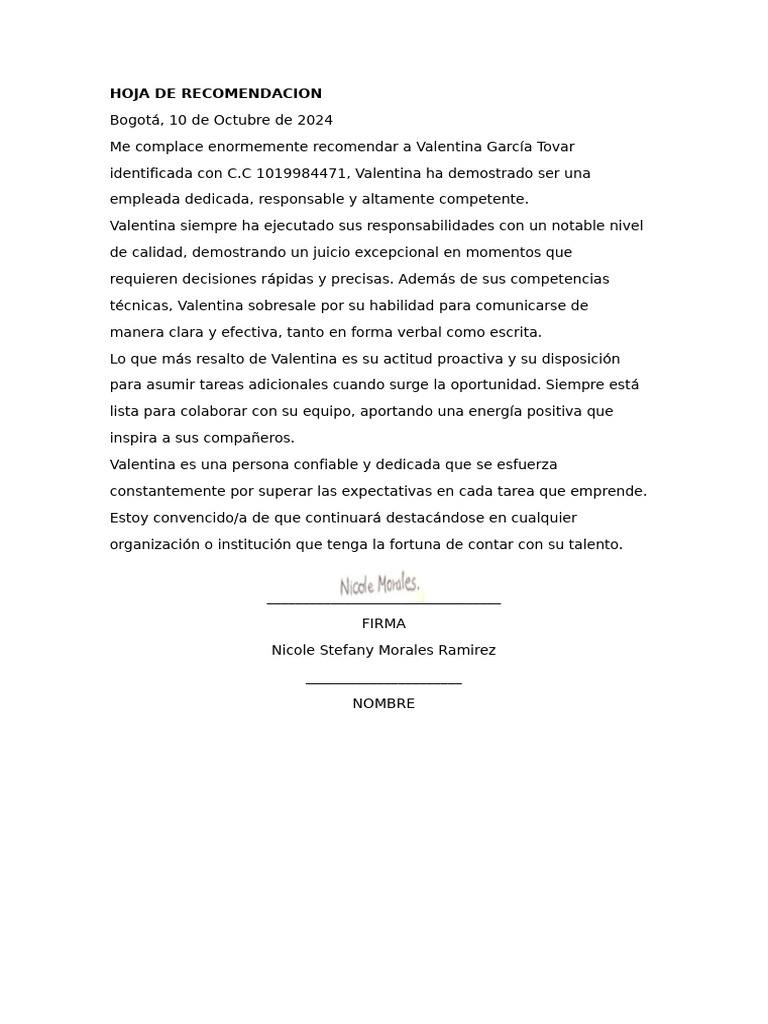 Hoja de Recomendacion | PDF