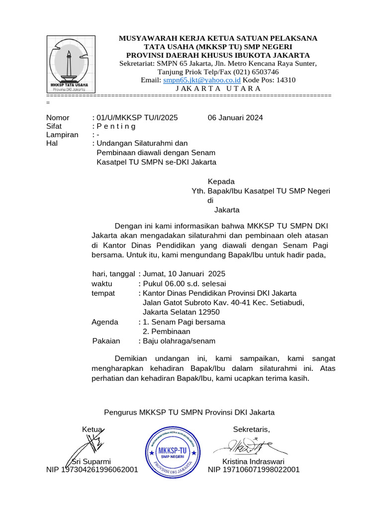 SURAT UNDANGAN SENAM NOMOR 01 TAHUN 2025 | PDF