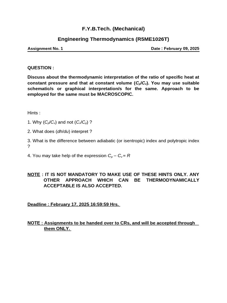 FY Mech Thermo Assignment 1 | PDF