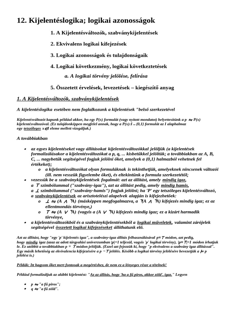 Tétel - Kijelentéslogika Logikai Azonosságok | PDF