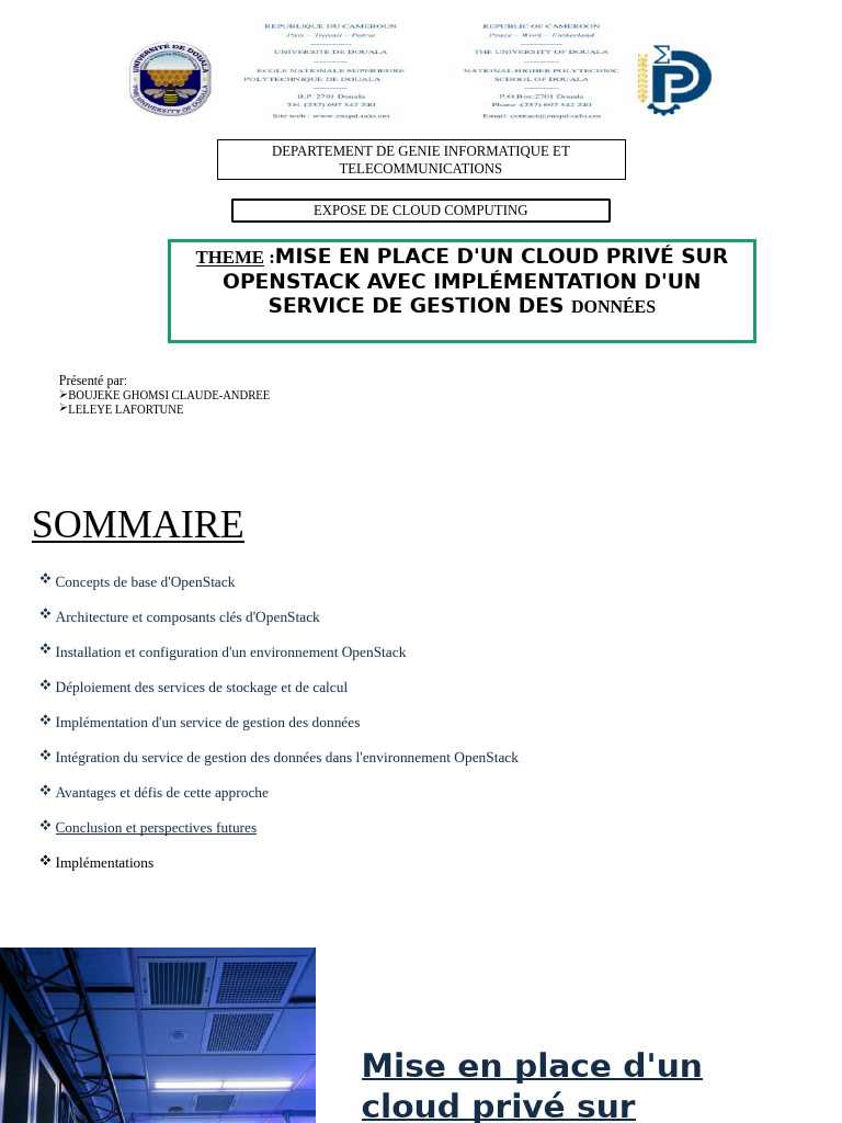 Mise en Place Dun Cloud Prive Sur OpenStack Avec Implementation Dun Service de Gestion Des ...