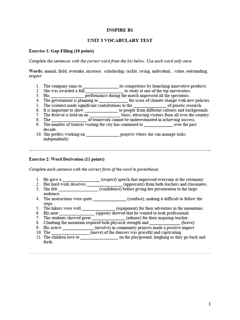 Inspire B1 Test 3 Vocabulary Quiz | PDF