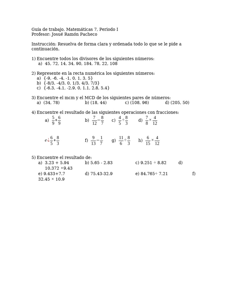Guía de Trabajo Matemáticas 7 | PDF