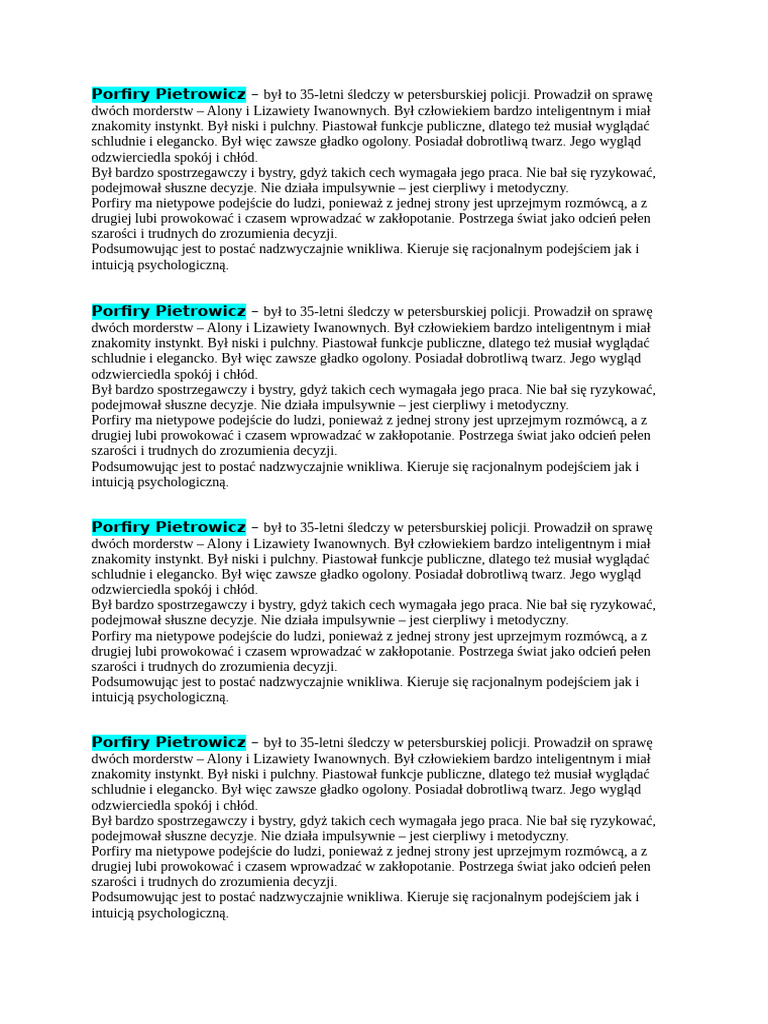 Porfiry Pietrowicz Notatka | PDF