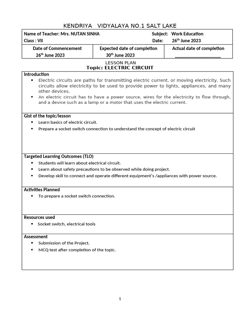 Electric Circuit Lesson Plan for Class VII | PDF