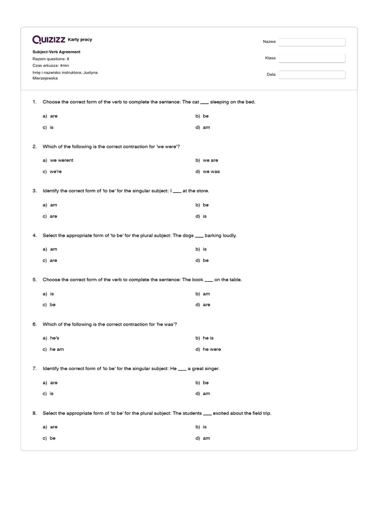 Subject-Verb Agreement Quiz | PDF | Linguistics | Linguistic Morphology