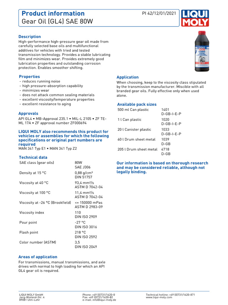 GL4 SAE 80W Gear Oil Specifications | PDF | Materials | Mechanical ...