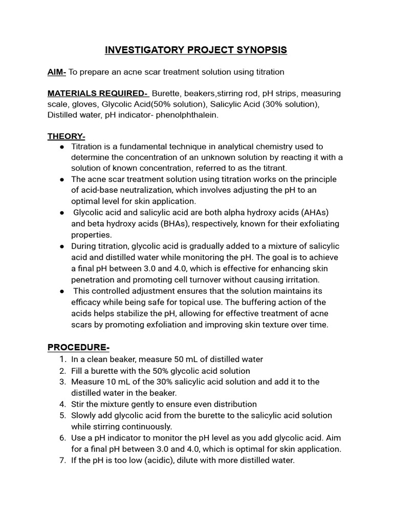 Investigatory Project Synopsis | PDF | Titration | Chemistry