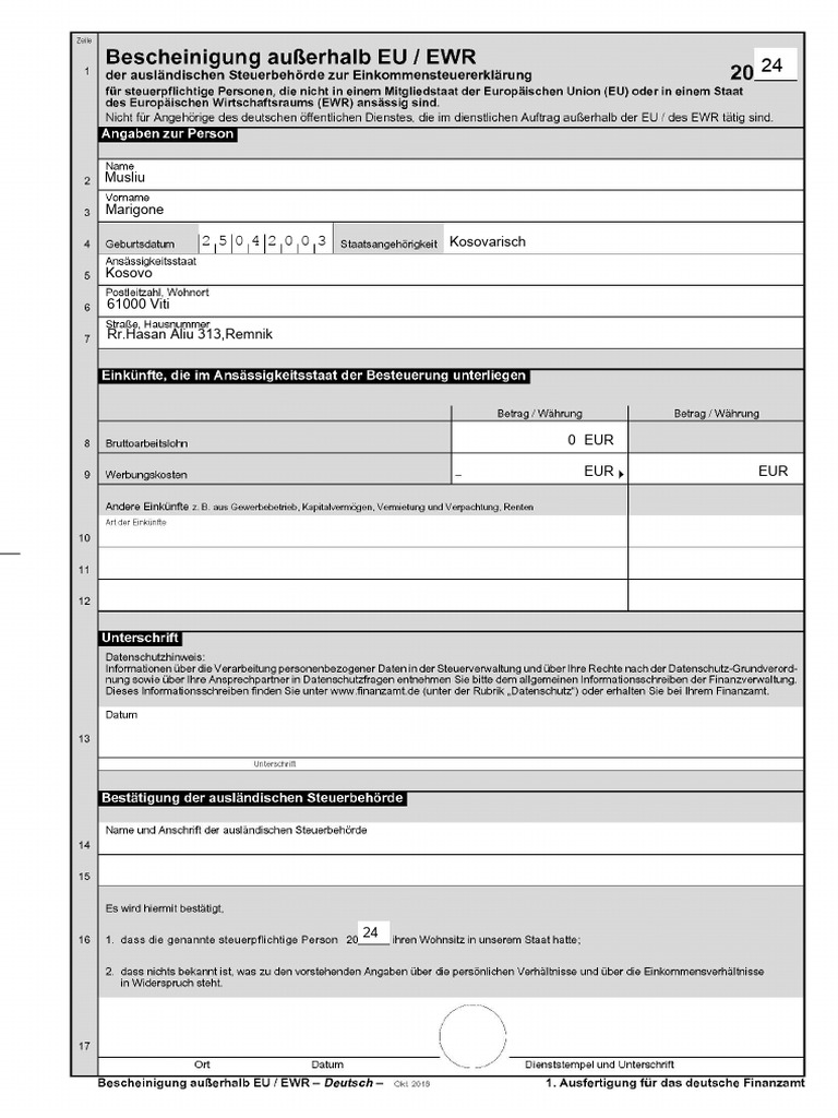 Bescheinigung Auã - Erhalb EU - EWR Deutsch 2018 Und 2019 | PDF