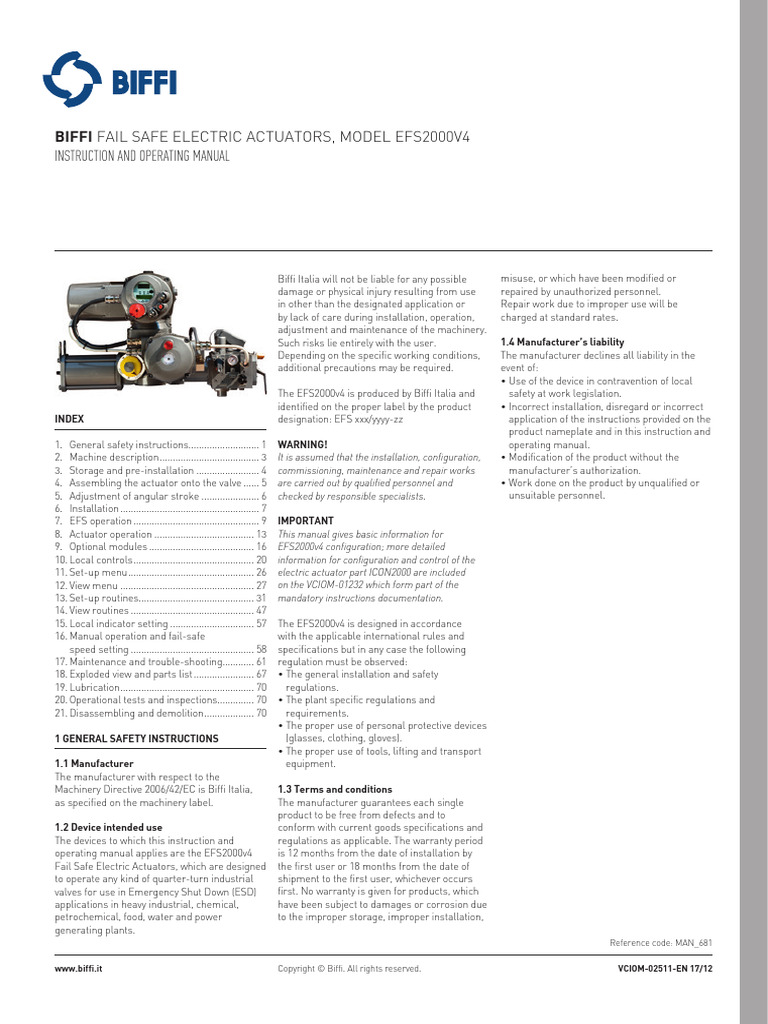 Biffi EFS2000v4 Electric Actuator Manual | PDF | Valve | Mechanical ...