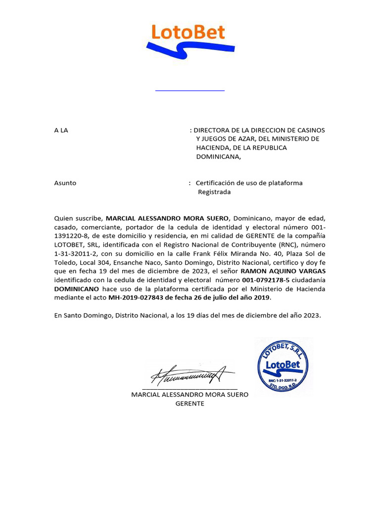 Certificación de Plataforma Lotobet | PDF
