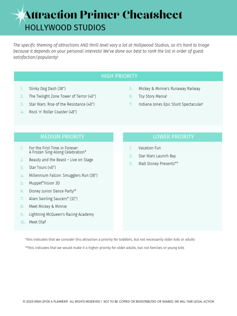 Hollywood Studios - Attraction Primer Cheatsheets | PDF