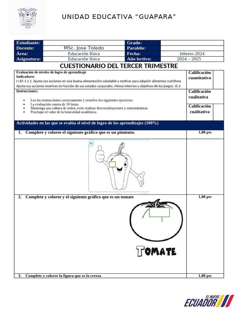 Cuestionario 3 Trim 2024 EEFF | PDF | Aprendizaje | Cognición