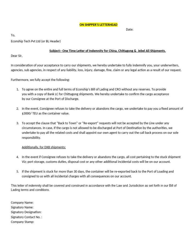 LOI-CN - CTG - DXB (Shipper) New | PDF