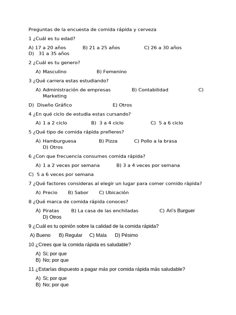 Preguntas de La Encuesta de Comida Rapida y Verveza | PDF | Comida rápida