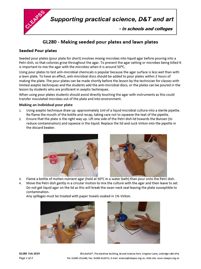 GL280 Making Seeded Pour Plates and Lawn Plates | PDF | Agar | Biology