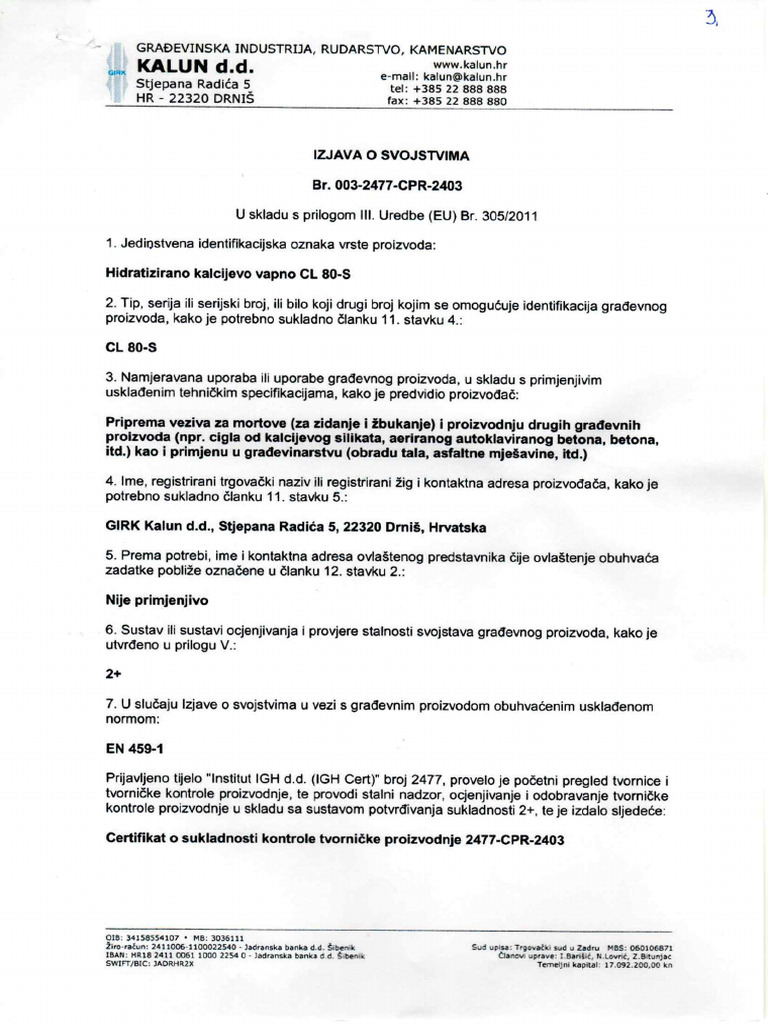 4. Izjava o Svojstvima Kalun -Hidratizirano Kalcijevo Vapno-priprema Veziva Za Mortove | PDF