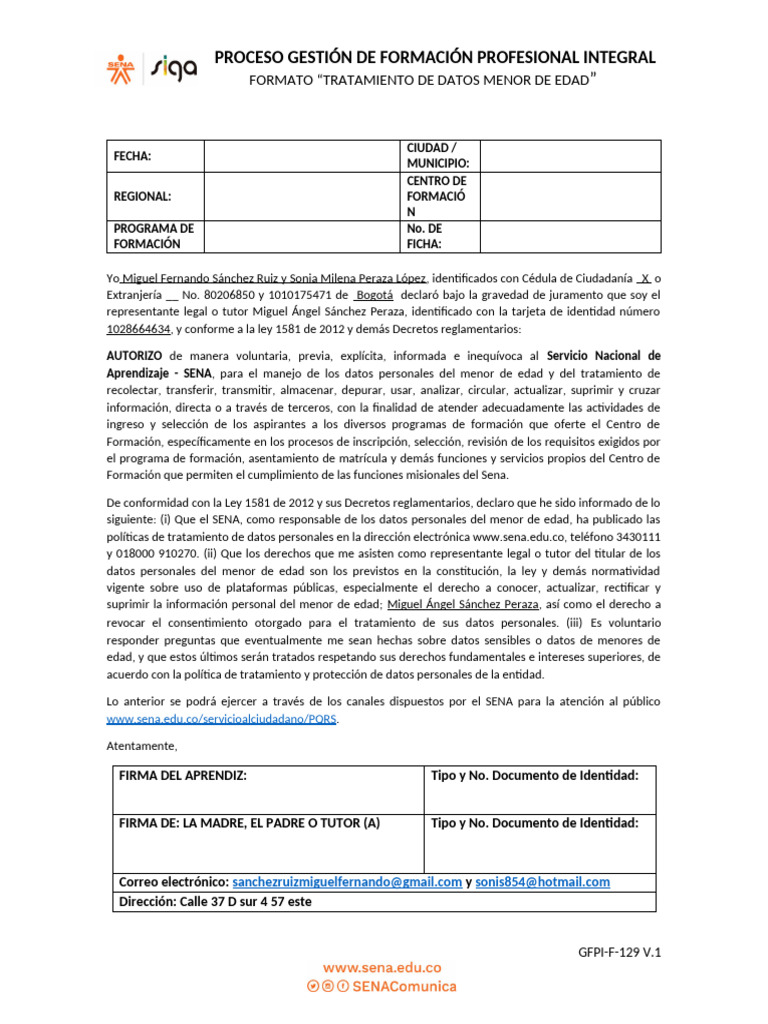 Gfpi-F-129 Formato Tratamiento de Datos Menor de Edad 1 | PDF
