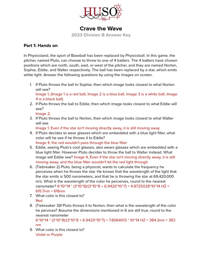 2023 Div B Crave the Wave Answer Key | PDF | Light | Waves