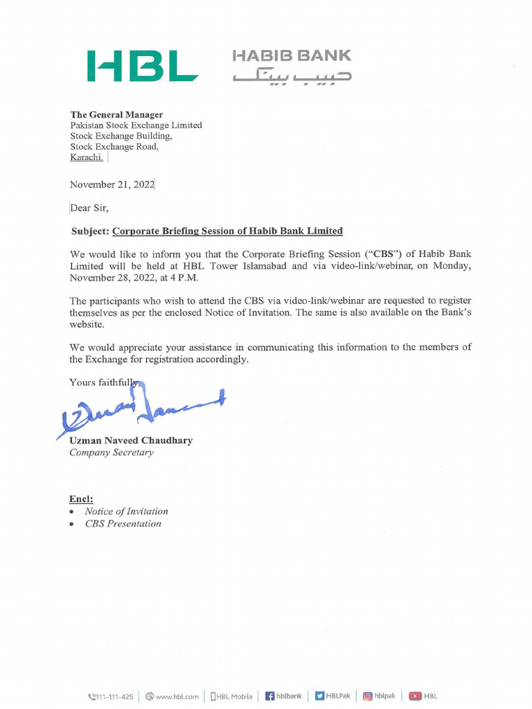 HBL CBS Letter Dated November 2022 | PDF | Banks | Project Finance