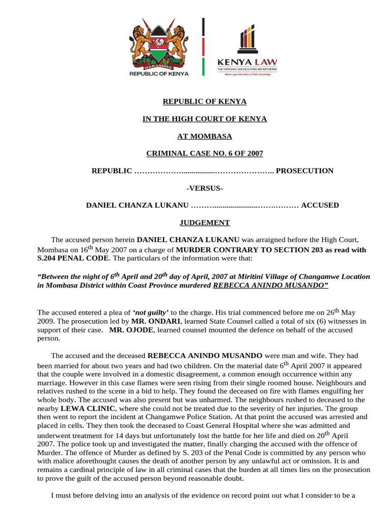 REPUBLIC V DANIEL CHANZA LUKANU 2010KEHC49 (KLR) | PDF | Mens Rea ...