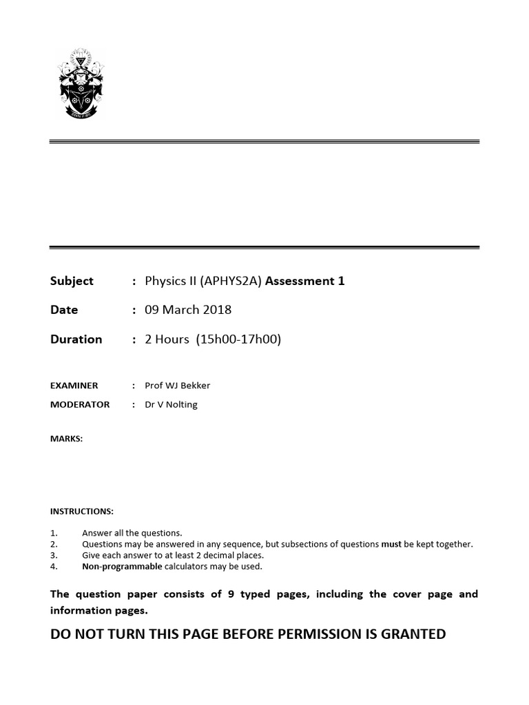 2018 SEM1 - APHYT2A - ASSESSMENT 1 With MEMO | PDF | Electrical Network ...
