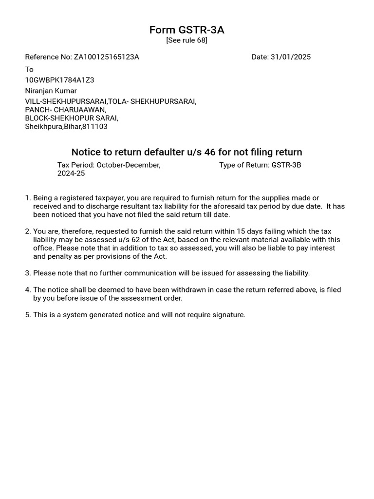 Form GSTR-3A: Notice To Return Defaulter U/s 46 For Not Filing Return | PDF