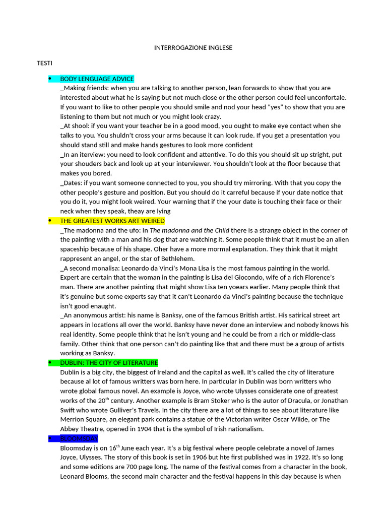 Schema Testi Interrogazione | PDF | Ulysses (Novel)