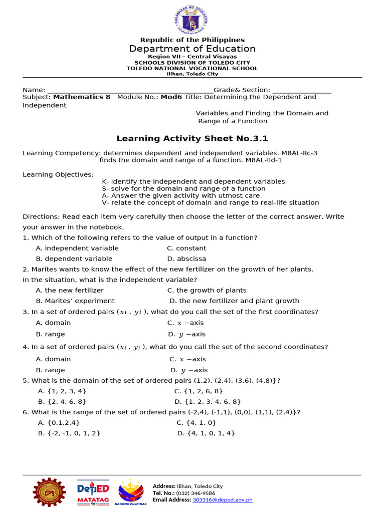 T Dependent Variables Domain Range Function Jan 20 2025 | PDF | Function (Mathematics ...