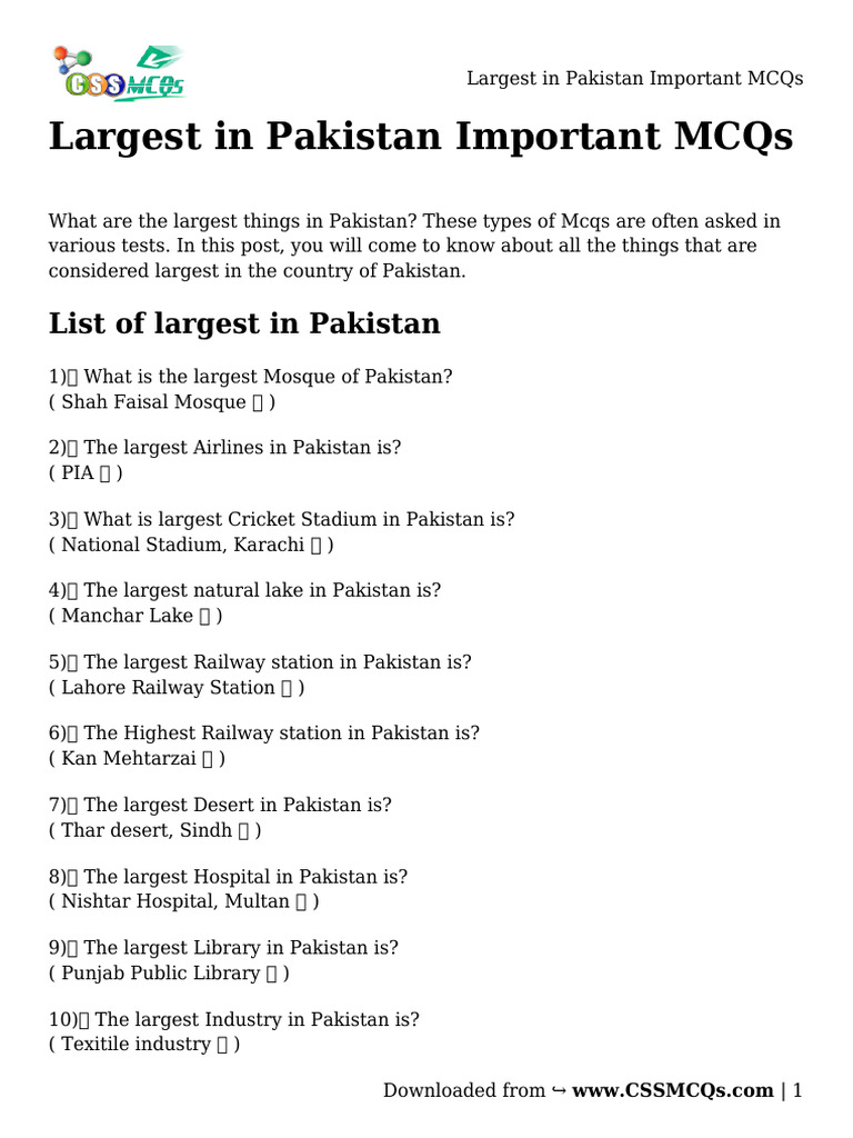 Largest Facts About Pakistan MCQs | PDF | Pakistan