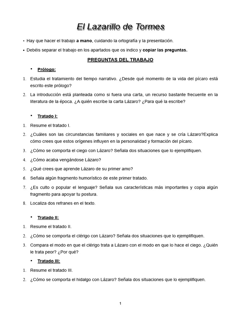 Trabajo El Lazarillo de Tormes | PDF
