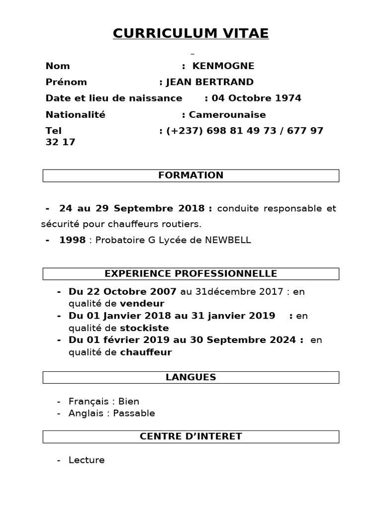 CV de Jean Bertrand Kenmogne | PDF