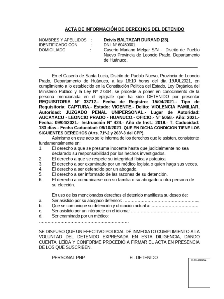 2.acta de Información de Derechos Del Detenido | PDF | Justicia ...