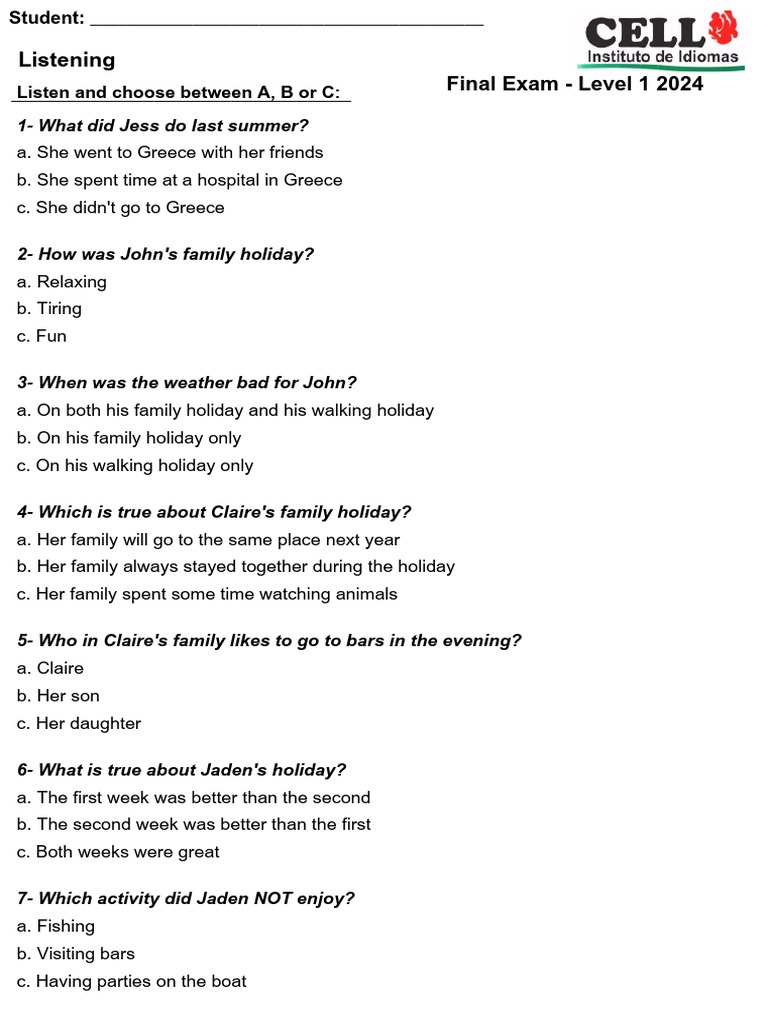 Final Exam 2024 Level 1 | PDF