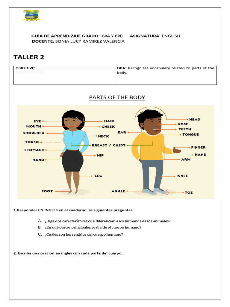 GUIA 2 LAS PARTES DEL CUERPO REPASO Ingles 6AB | PDF