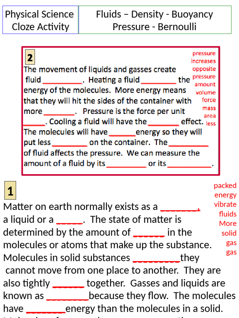 Physical Science Cloze Activity Fluids - Density - Buoyancy Pressure ...