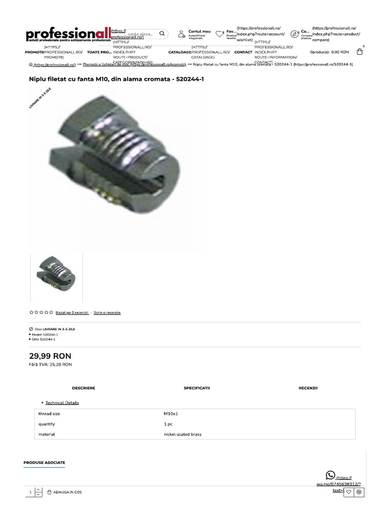 Niplu Filetat Cu Fanta M10, Din Alama Cromata - 520244-1 | PDF