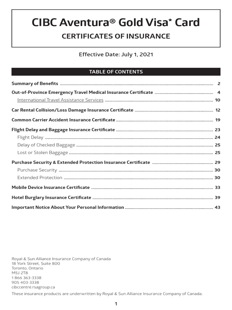 Aventura-Gold-Certificate-En Cibc Travel Insurance | PDF | Insurance
