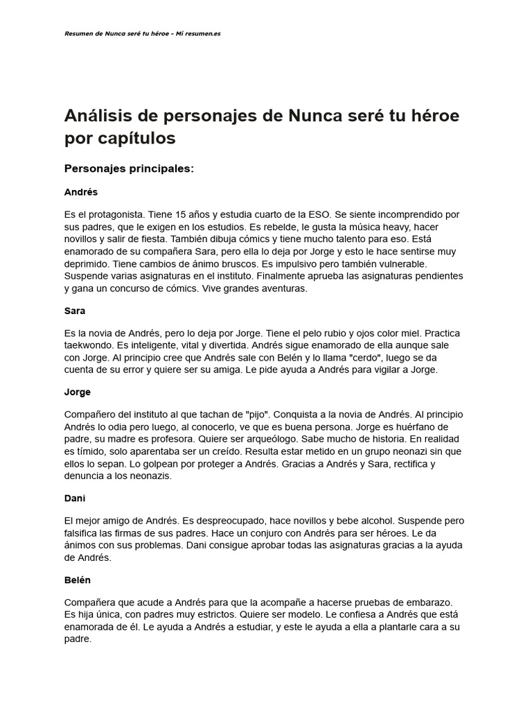 Análisis de personajes en "Nunca seré tu héroe" | PDF