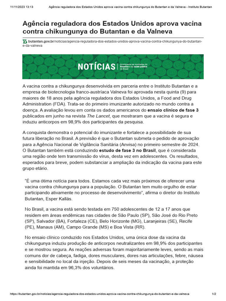 FDA Aprova Vacina Chikungunya | PDF | Ciências da Saúde | Imunologia