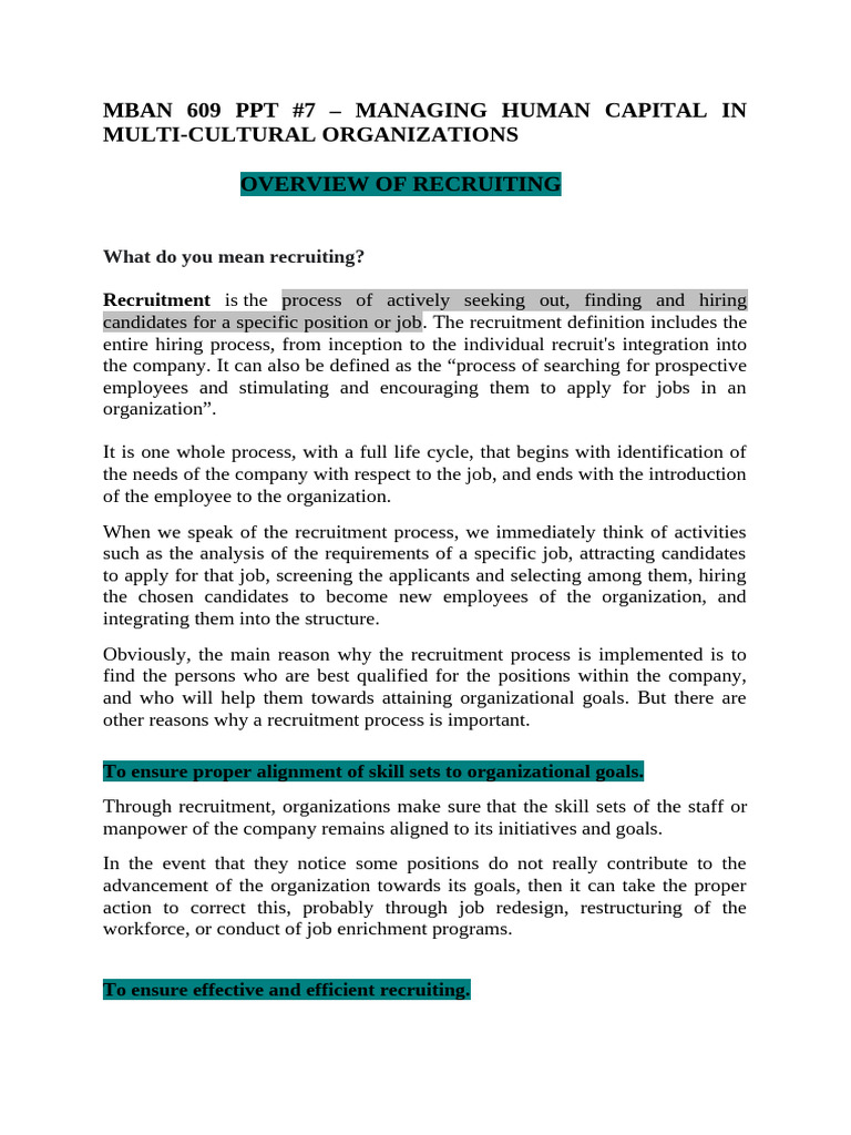 MBAN 609 PPT #7 Overview of Recruiting | PDF | Recruitment | Talent Management