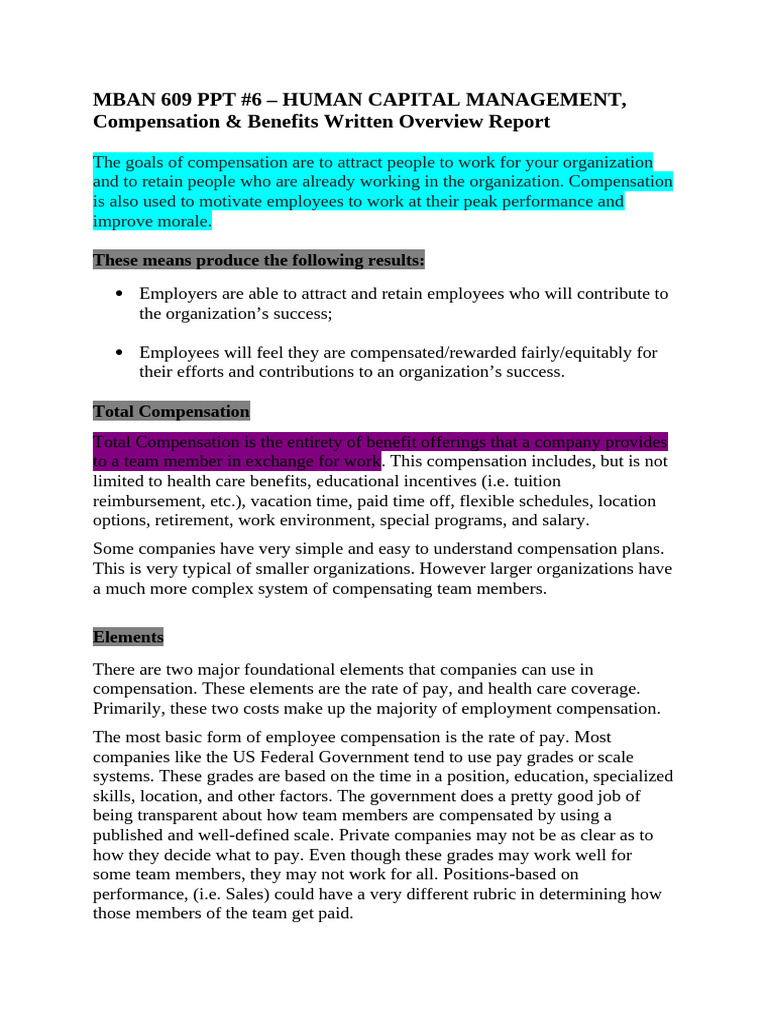 MBAN 609 PPT6 - HCM Compensation & Benefits Written Report | PDF | Compensation And Benefits ...