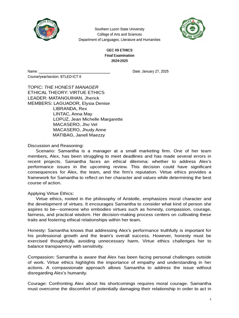 GROUP 2 GEC 09 Final Performance Task | PDF | Virtue Ethics | Integrity