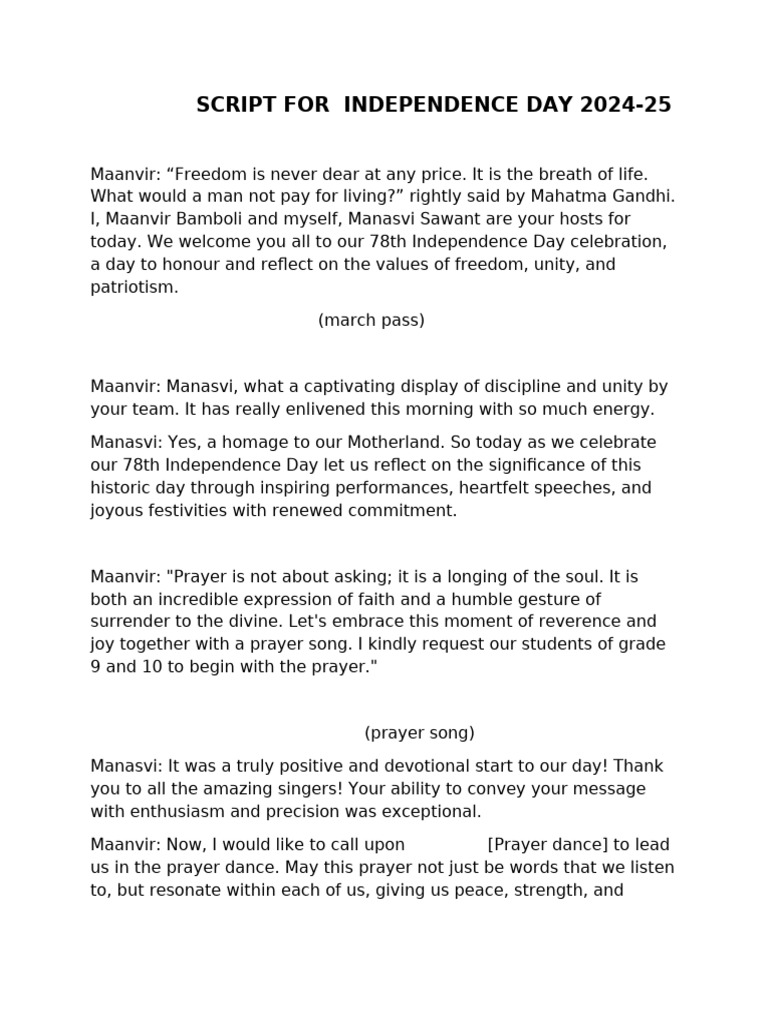 Independence Day Script | PDF | Prayer