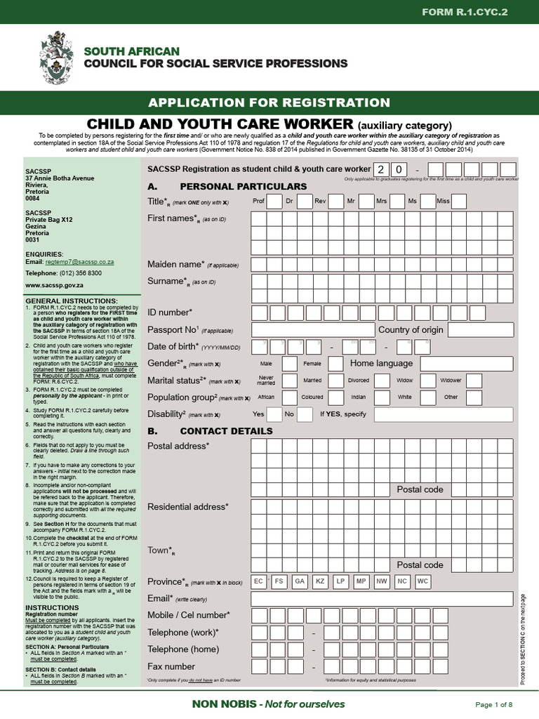FORM R.1.CYC.2 REGISTRATION CHILD YOUTH CARE WORK (Auxiliary) 2020 ...