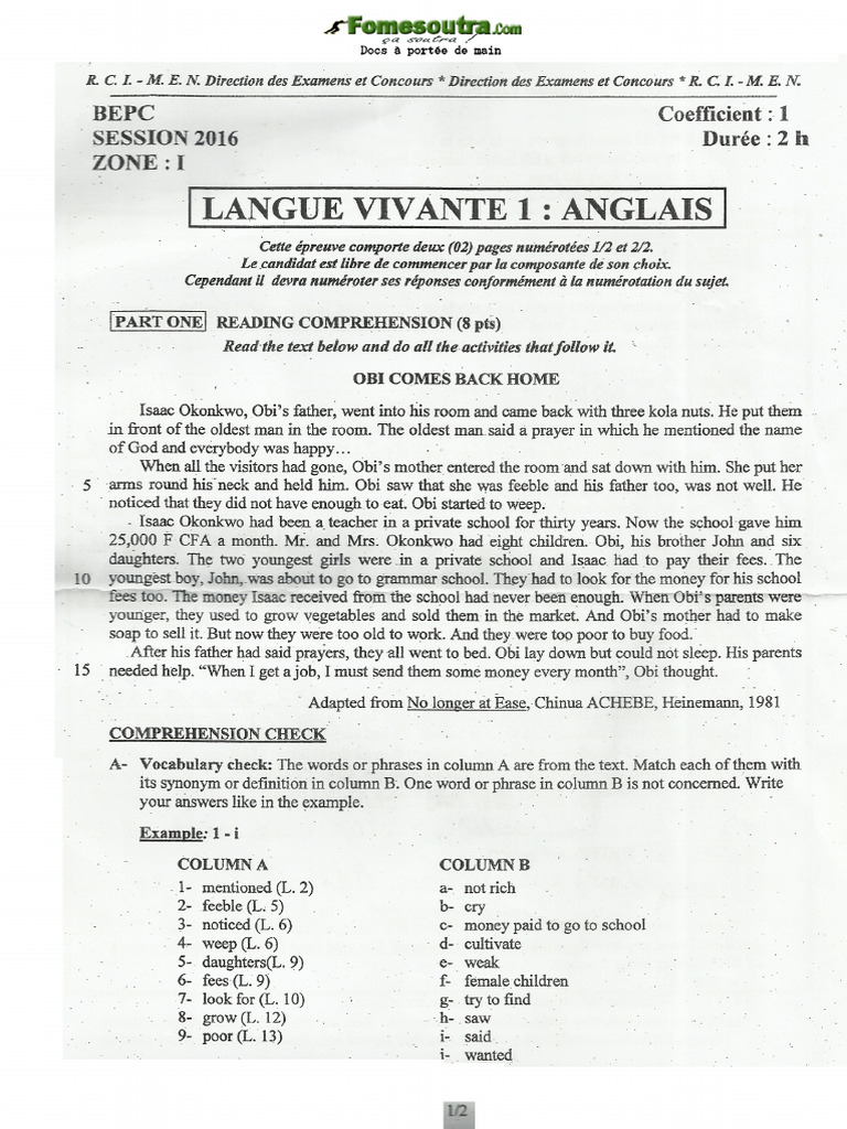 612b48334fd5asujet Corrige Et Bareme Anglais Bepc 2016 Zone 1 | PDF