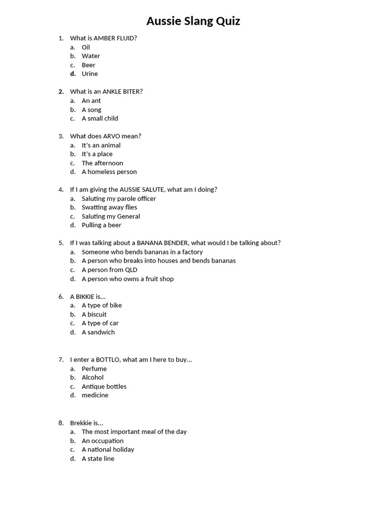 Aussie Slang Quiz and Answers | PDF