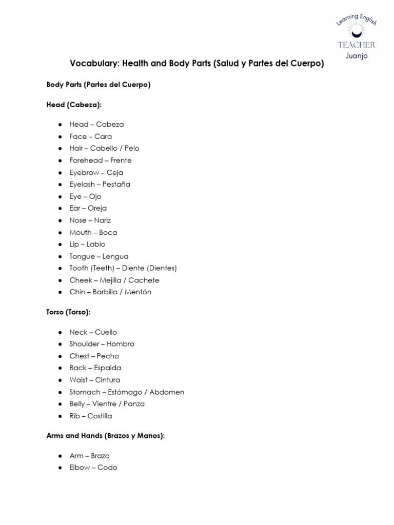 Vocabulario de Salud y Cuerpo Humano | PDF | Anatomía humana | Medicina