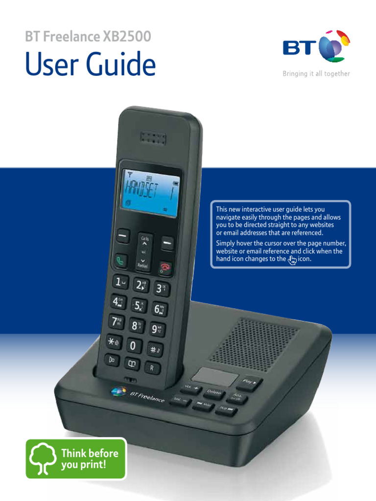 BT Freelance XB2500 User Guide | PDF | Telephone | Electrical Connector